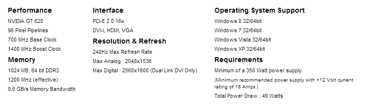 Buy EVGA GeForce GT 620 1GB [01G-P3-2625-KR] | PC Case Gear Australia
