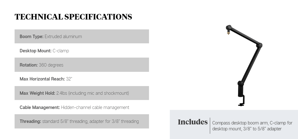 Buy Blue Microphones Compass Boom Arm Premium Tube-Style Black [989 ...