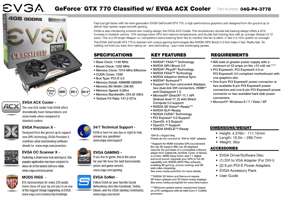 Buy EVGA GeForce GTX 770 Classified ACX 4GB [EVGA-04G-P4-3778-KR] | PC ...
