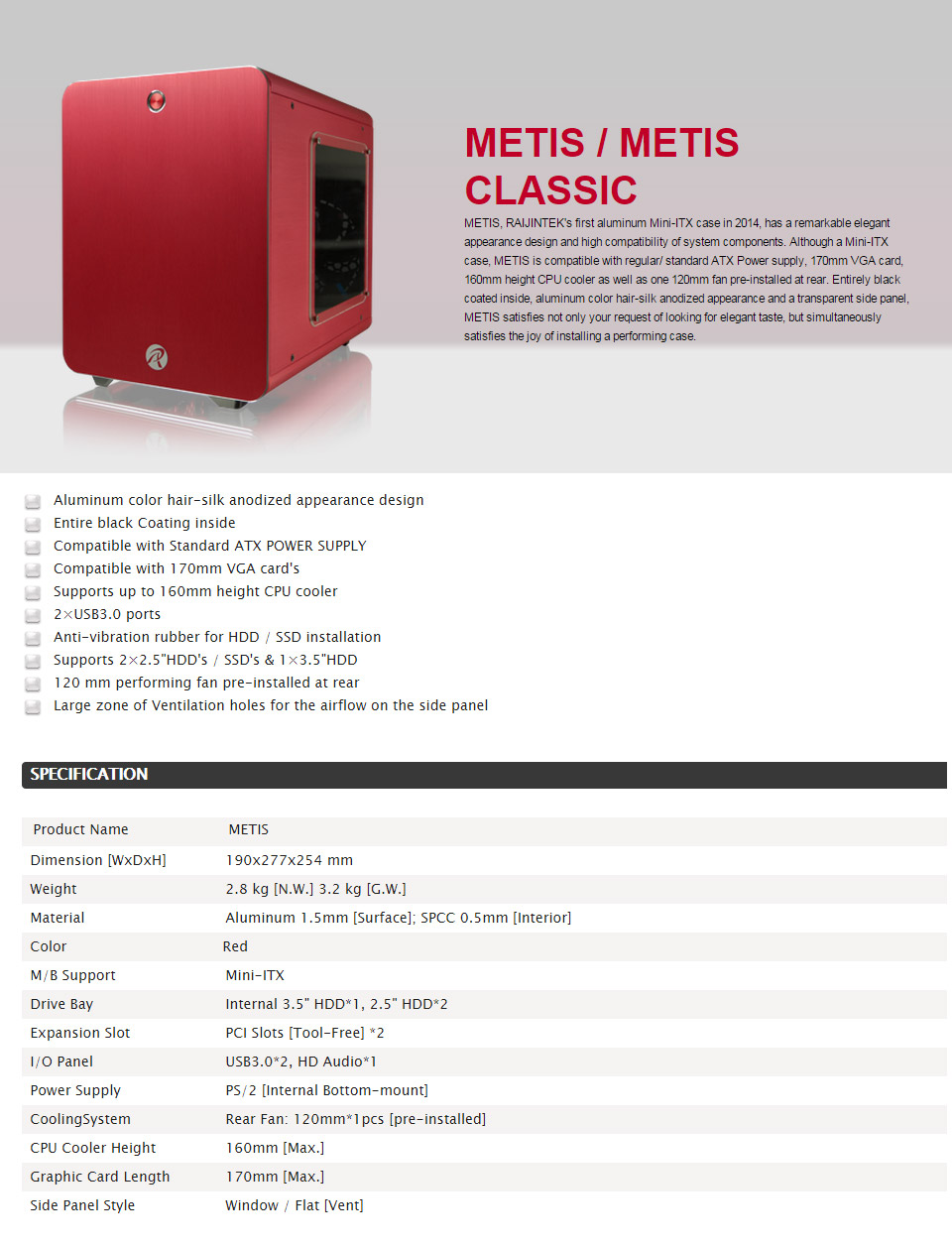 Buy Raijintek Metis Mini ITX Case Red [0R200007] | PC Case Gear Australia