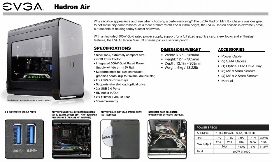 Buy EVGA Hadron Air Mini ITX Chassis with 500W Gold PSU [110-MA-1001-K4 ...