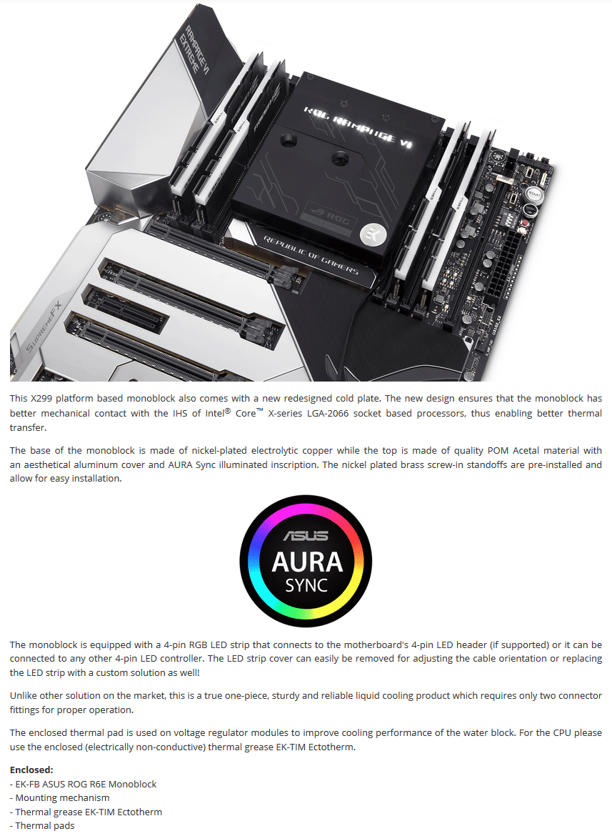 Buy EK FB ASUS ROG R6E RGB Monoblock Acetal Nickel [3830046994493] | PC ...