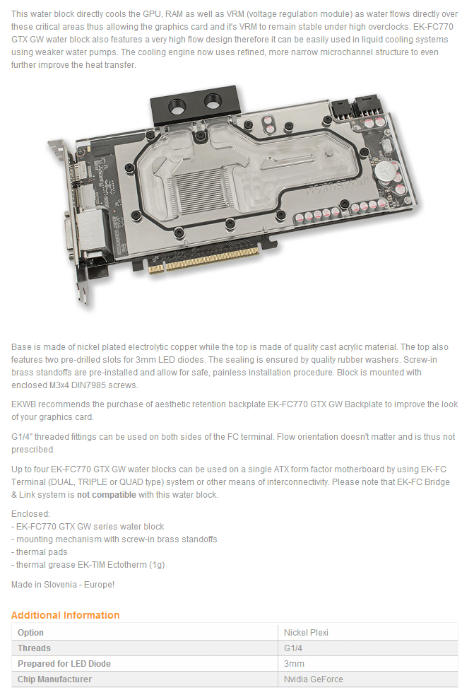 Buy EK Full Cover VGA Block EK-FC770 GTX GW Nickel [3831109868348] | PC ...