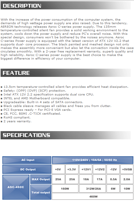 Buy Aereon Asroc ASC-460C 460W Power Supply [ASC-460C] | PC Case Gear ...