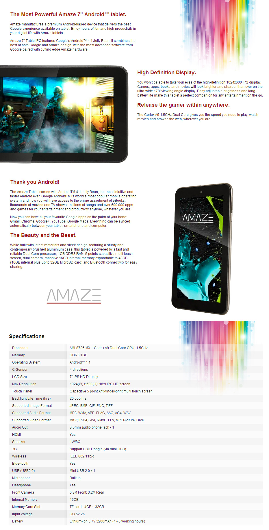 Buy Amaze 7in Android 4.1 IPS Tablet [AT-TPC7019-16G-BT] | PC Case Gear ...