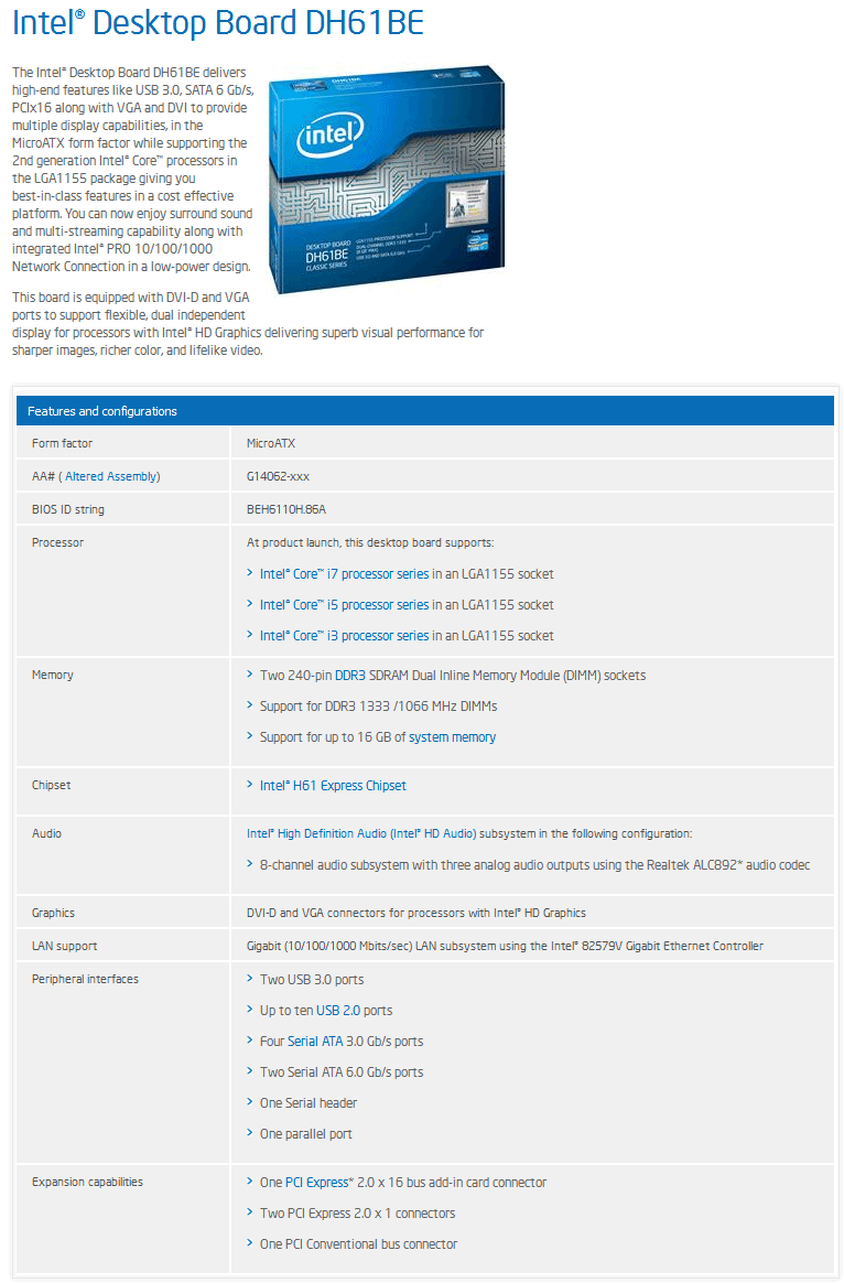Buy Intel DH61BE Motherboard Retail Box [BOXDH61BEB3] | PC Case Gear ...