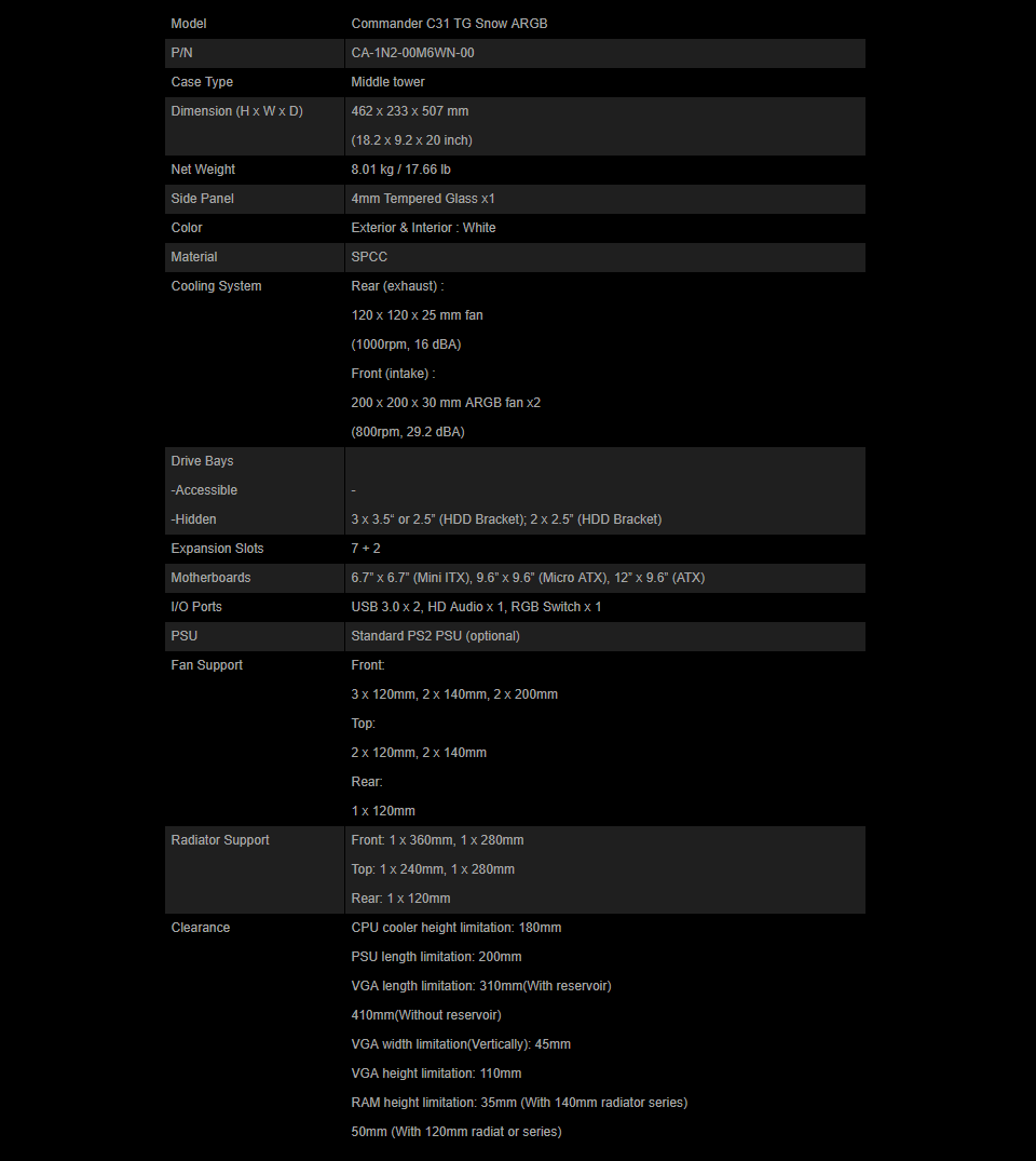 Buy Thermaltake Commander C31 TG ARGB Case Snow Edition [CA-1N2-00M6WN ...