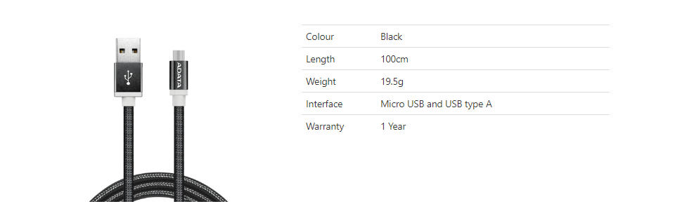Buy ADATA Micro USB Cable Aluminium 1m Black [CAB-AD-100CMK-CBK] | PC ...