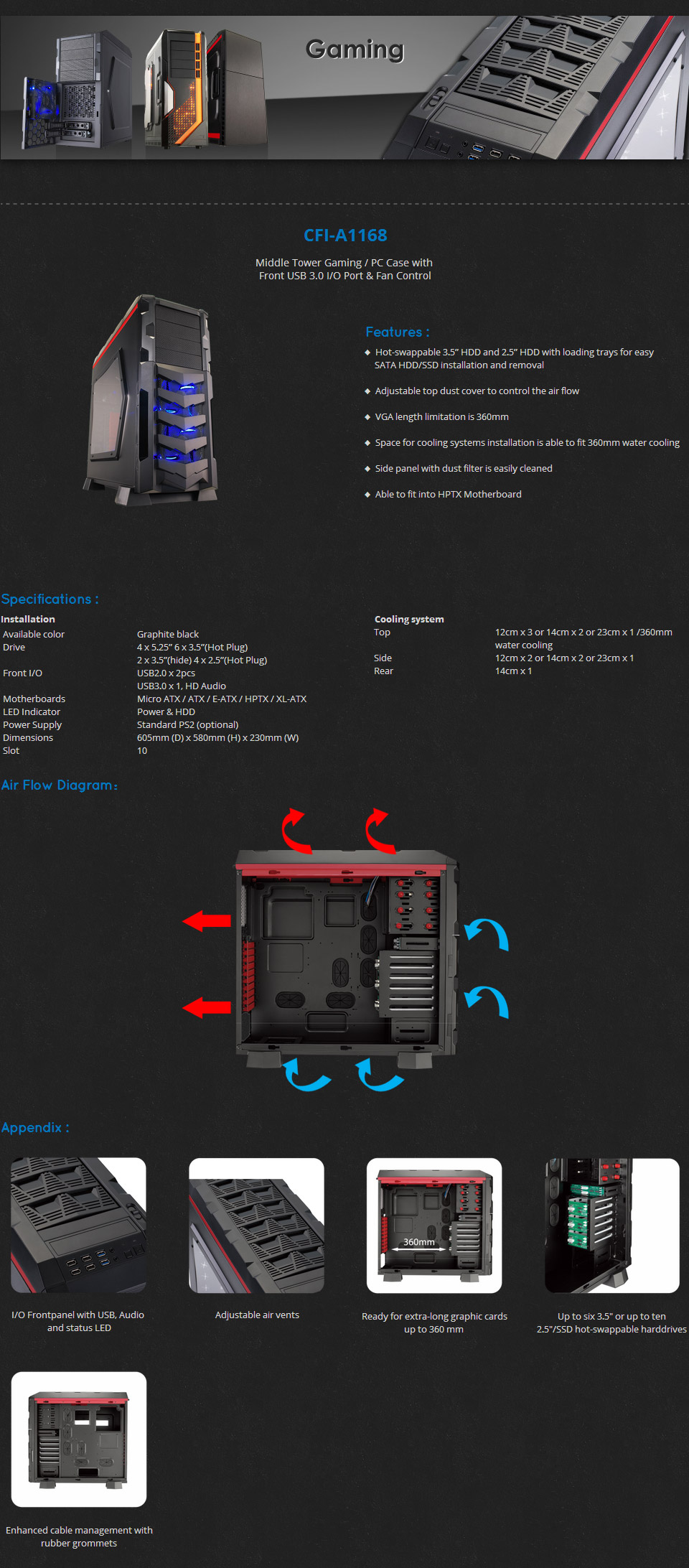 Buy CFI A1168 Pharaoh Black Case [CFI-A1168BB] | PC Case Gear Australia