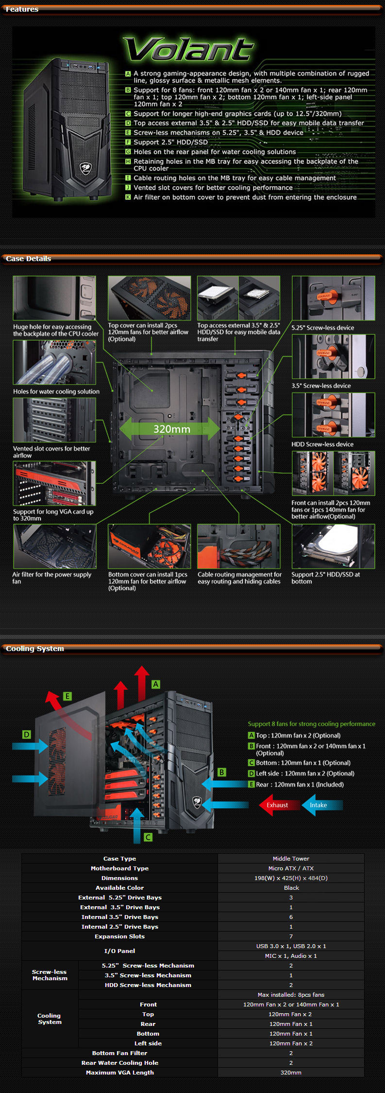 Buy Cougar Volant Black Mid Tower [CGR-VOLANT-BLK] | PC Case Gear Australia
