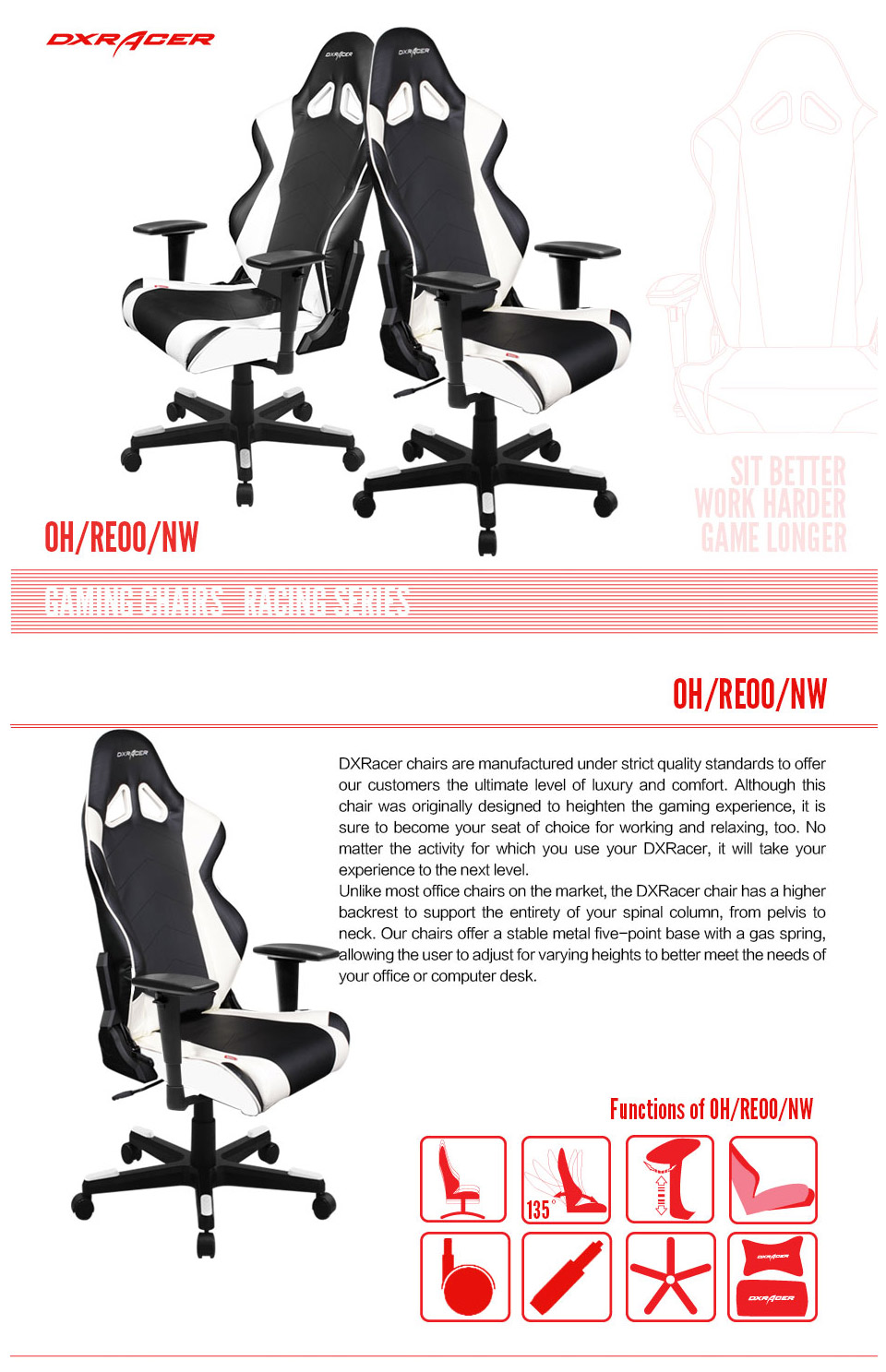 Buy DXRacer RE00 Series PC Office/Gaming Chair Black & White [DXR-RE00 ...