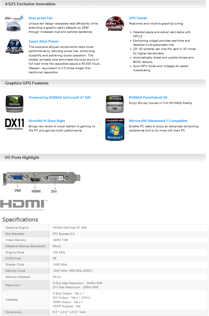 Buy ASUS GeForce GT 620 1GB [ENGT620-1GD3-L] | PC Case Gear Australia