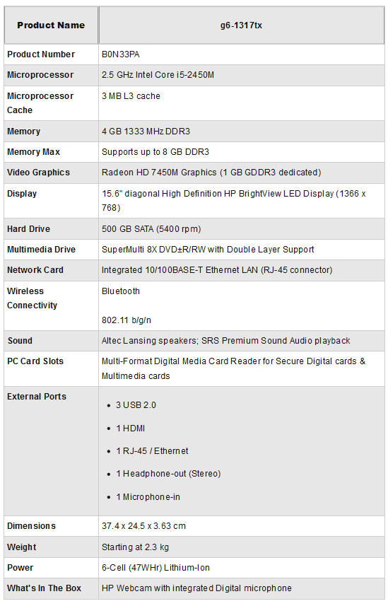 Buy HP G6-1317TX 15.6in Notebook [B0N33PA] [HP-B0N33PA] | PC Case Gear ...