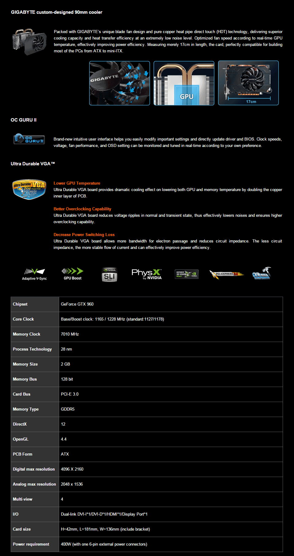 Buy Gigabyte GeForce GTX 960 OC Mini-ITX 2GB [GV-N960IXOC-2GD] | PC Case Gear Australia