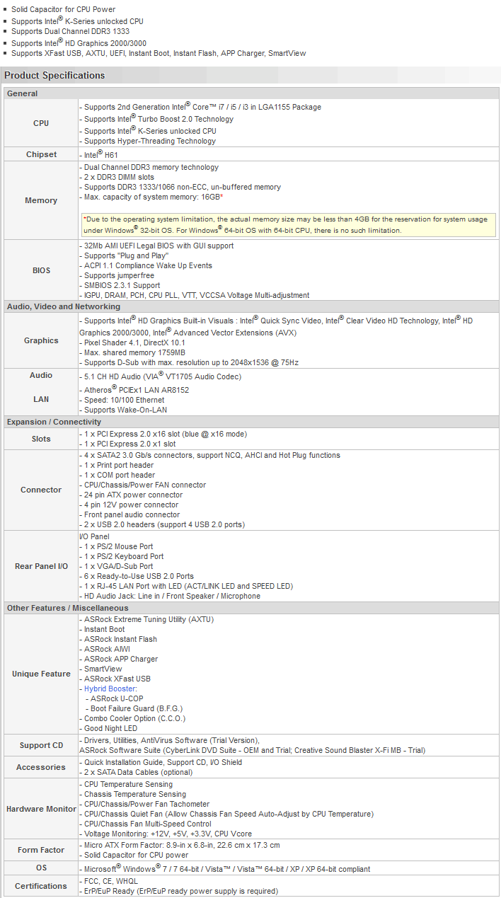 Buy ASRock H61M-VS Motherboard B3 [H61M-VS-B3] | PC Case Gear Australia