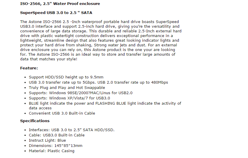 Buy Astone ISO-2566 USB 3.0 2.5in Waterproof Hard Drive Enclosure [ISO ...