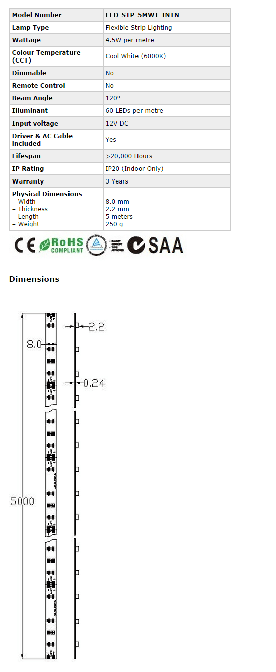 Buy LED Flex Ribbon Strip Kit Cool White 5m [LED-STP-5MWT-INTN] | PC ...