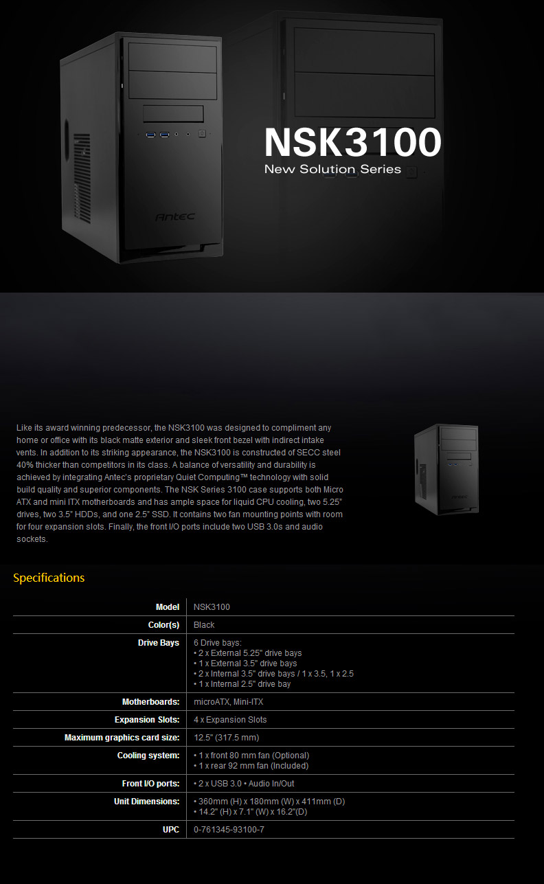 Buy Antec NSK3100 Micro ATX Case [NSK3100] | PC Case Gear Australia