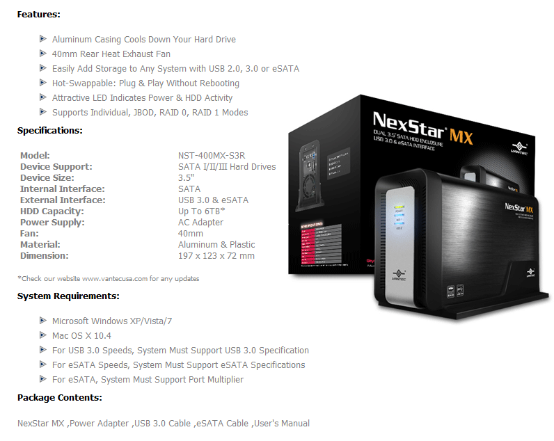 Buy Vantec NexStar MX Dual 3.5in USB 3.0 RAID Enclosure [NST-400MX-S3R] | PC Case Gear Australia