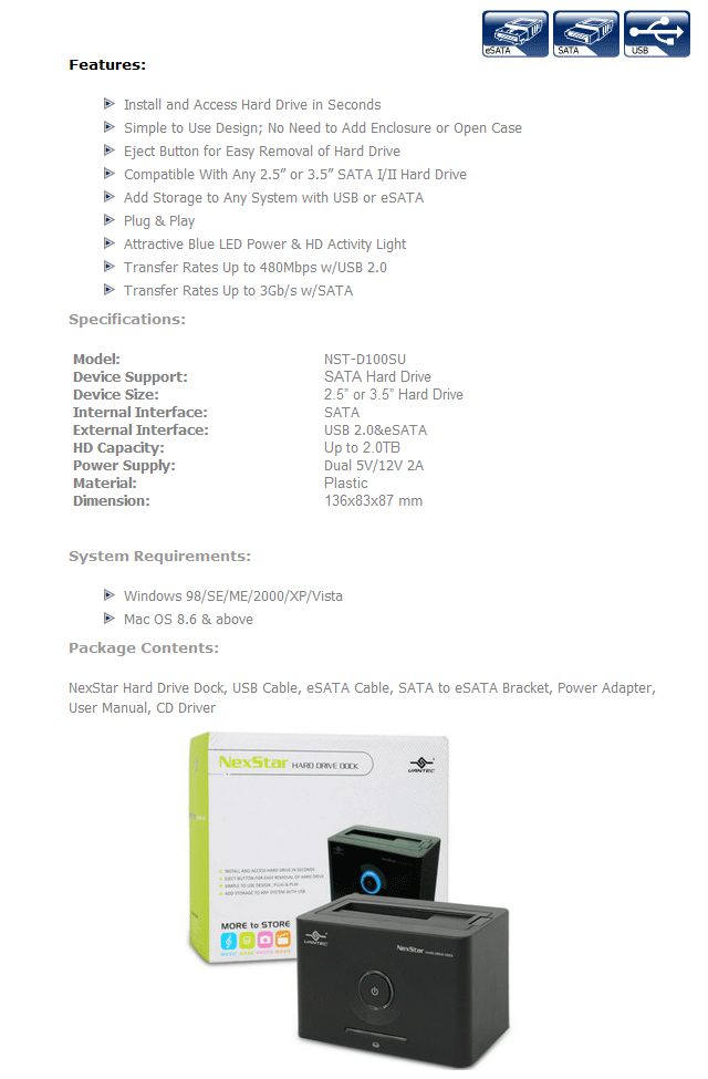 Buy Vantec NexStar USB 2.0 eSATA Dock NST-D100SU Black [NST-D100SU-BK ...