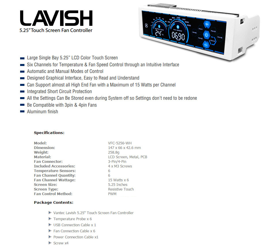 Buy Vantec Lavish Touch Screen Fan Controller White [VFC-5256-WH] | PC ...