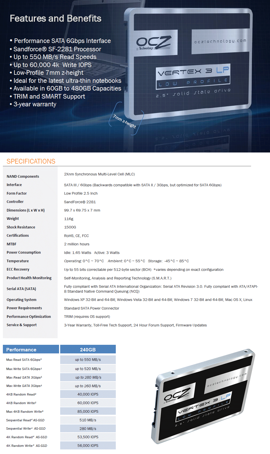 Buy OCZ Vertex 3 240GB 7mm Low Profile SSD [OCZ-VTX3LP-240GB] | PC Case ...