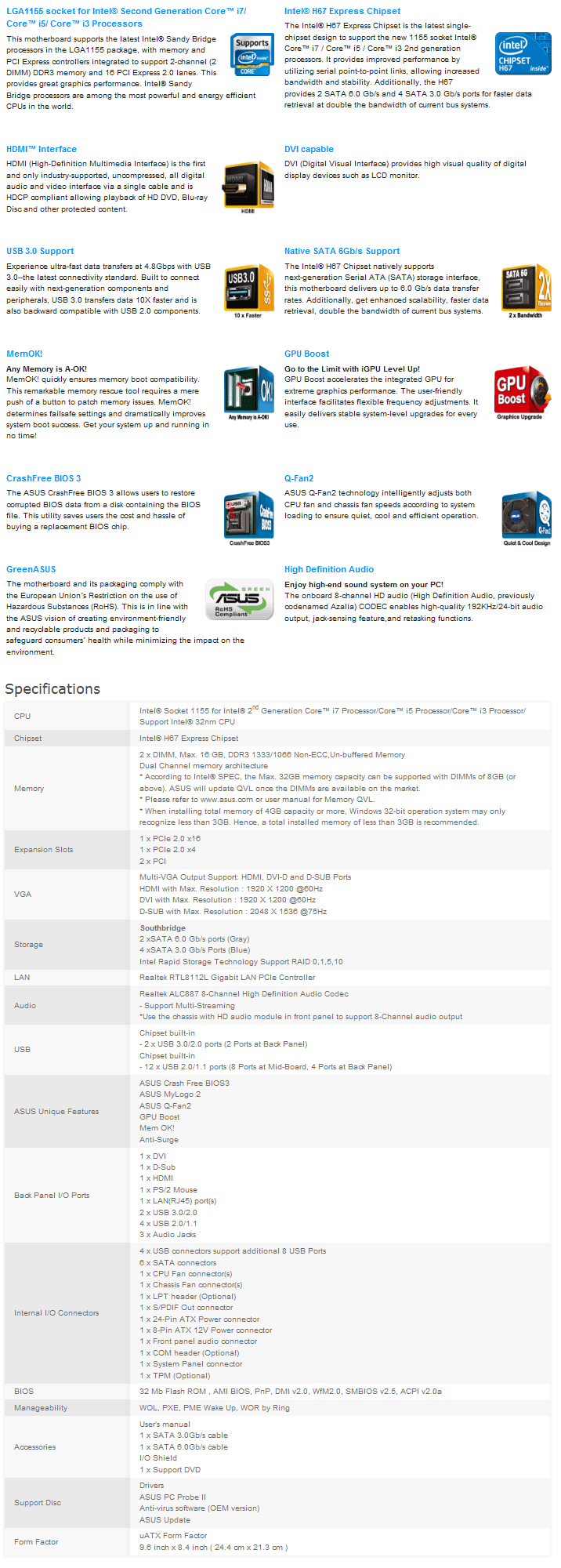 Buy ASUS P8H67-M-LE Motherboard [P8H67-M-LE] | PC Case Gear Australia