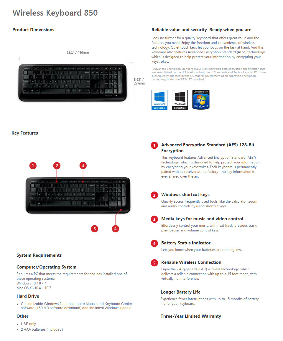Buy Microsoft Wireless 850 Keyboard [PZ3-00011] | PC Case Gear Australia