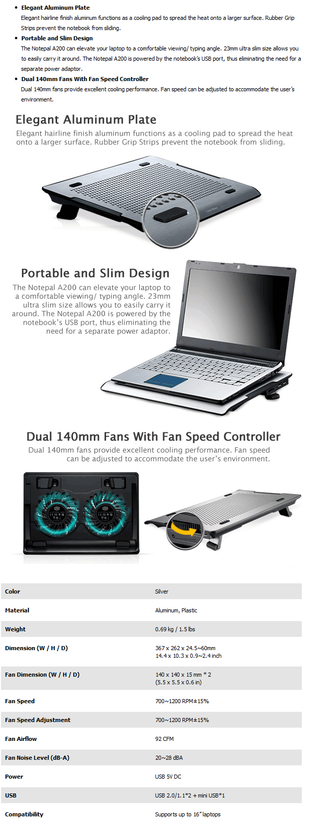 Buy CoolerMaster NotePal A200 Notepad Cooler [R9-NBC-A2HS-GP] | PC Case Gear Australia