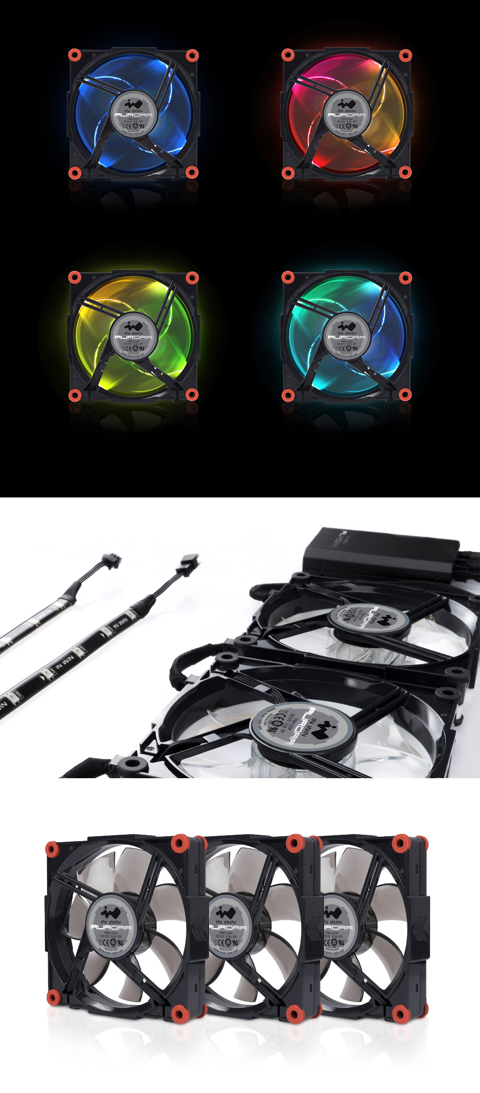 Buy In Win Aurora RGB Fan Black/Red 3 Pack + 2x30cm RGB LED Strips ...