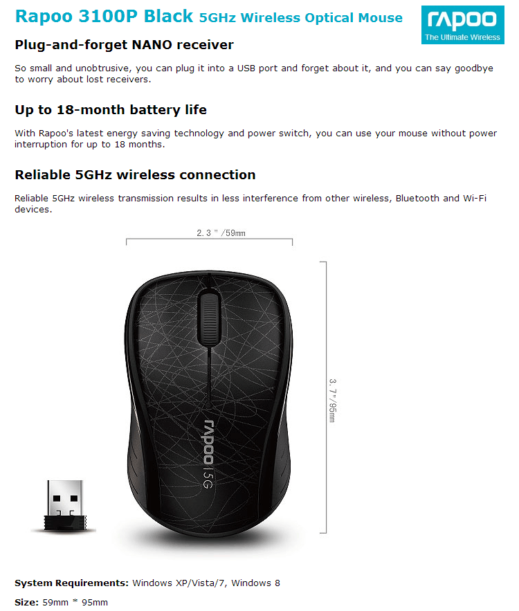 Buy Rapoo 3100P 5G Wireless Mouse Black [RP-3100P-BK] | PC Case Gear ...