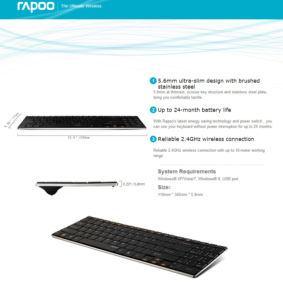 Buy Rapoo E9070 2.4Ghz Wireless Ultra Slim Keyboard Black [RP-E9070-BK] | PC Case Gear Australia