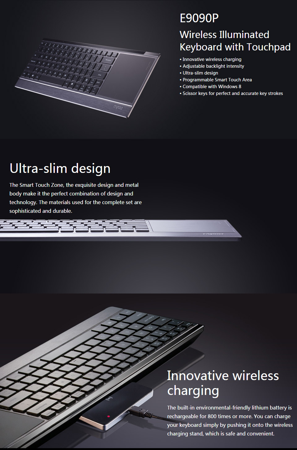 Buy Rapoo E9090P Ultra Slim 5G Wireless Charging Touchpad Keyboard [RP-E9090P] | PC Case Gear ...