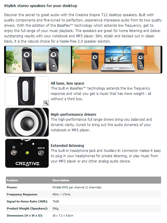 Buy Creative Inspire T12 2.0 Speaker [T12] | PC Case Gear Australia