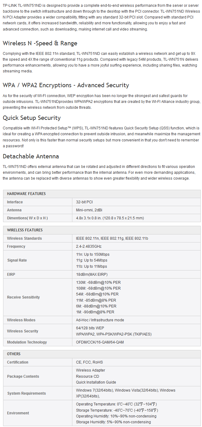 Buy TP-Link TL-WN751ND Wireless PCI Adapter [TL-WN751ND] | PC Case Gear ...