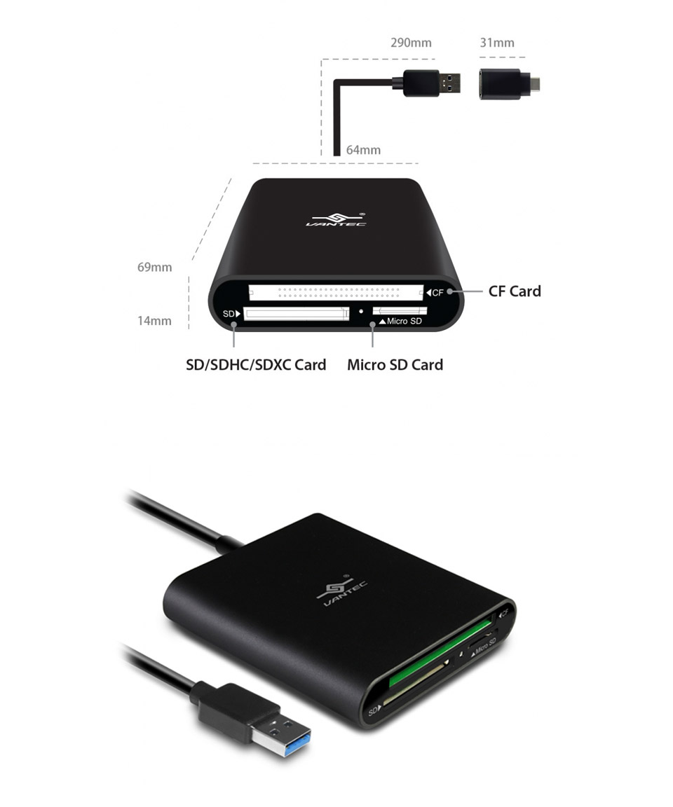 Buy Vantec VLink USB 3.0 Multi-Card Reader with USB-C Converter [UGT ...
