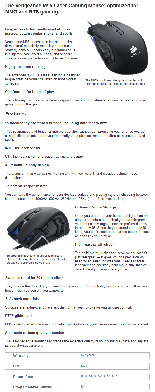 Buy Corsair Vengeance M95 MMO and RTS Laser Gaming Mouse Black [CH ...