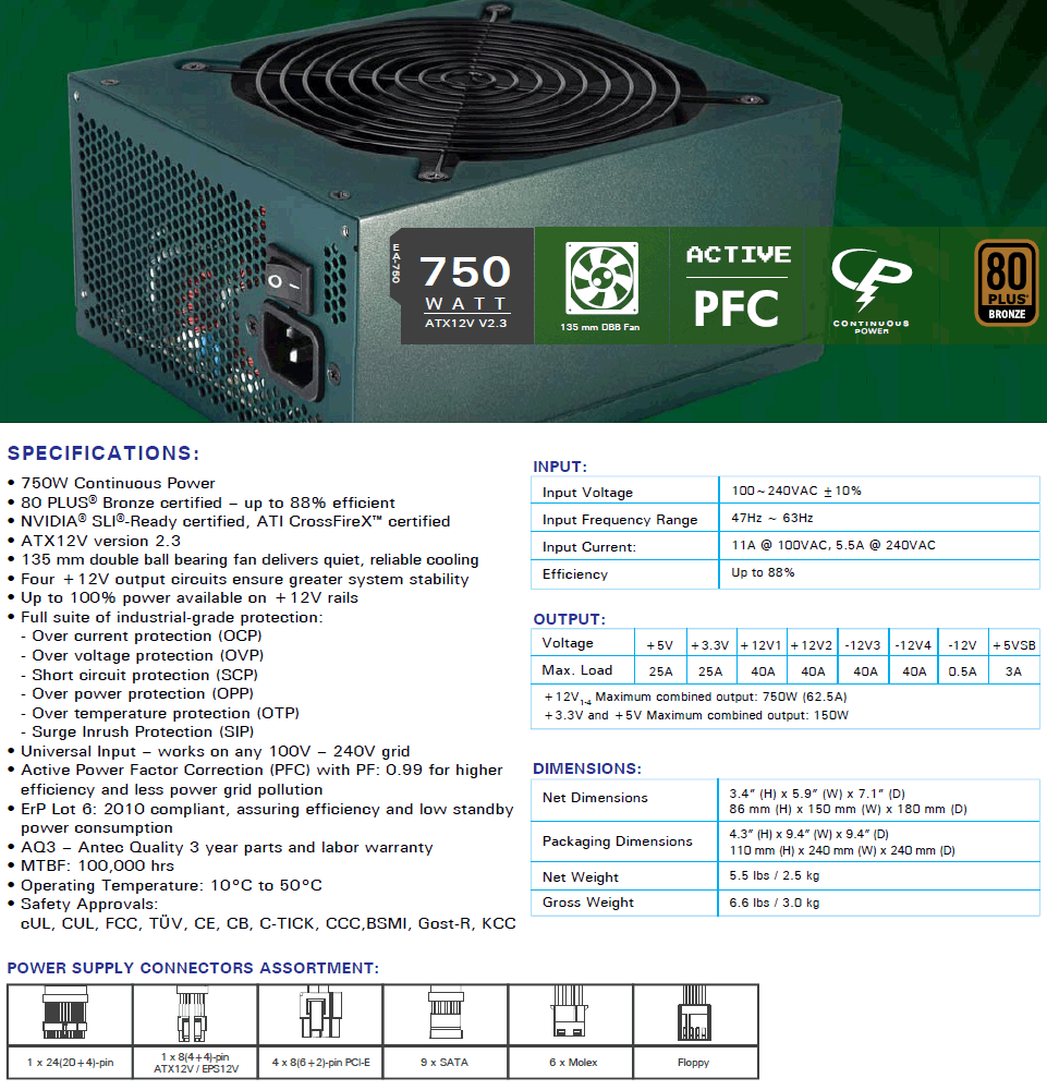 Buy Antec EarthWatts 750W Green [EA-750-GREEN] | PC Case Gear Australia