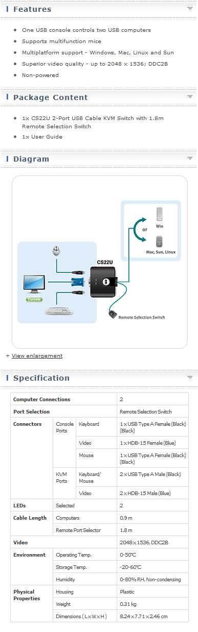 Buy ATEN CS-22U 2-Port USB Cable KVM Switch [zCS-22U] | PC Case Gear ...