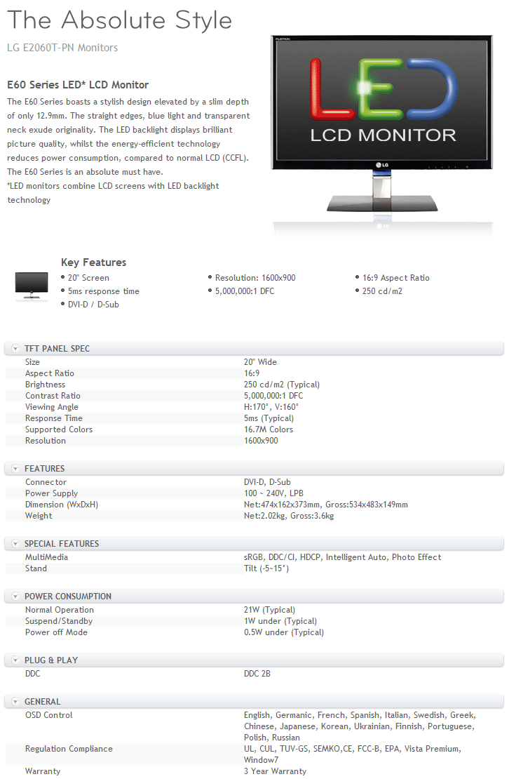 Buy LG E2060T-PN 20in LED Widescreen Monitor [LG-E2060T-PN] | PC Case ...