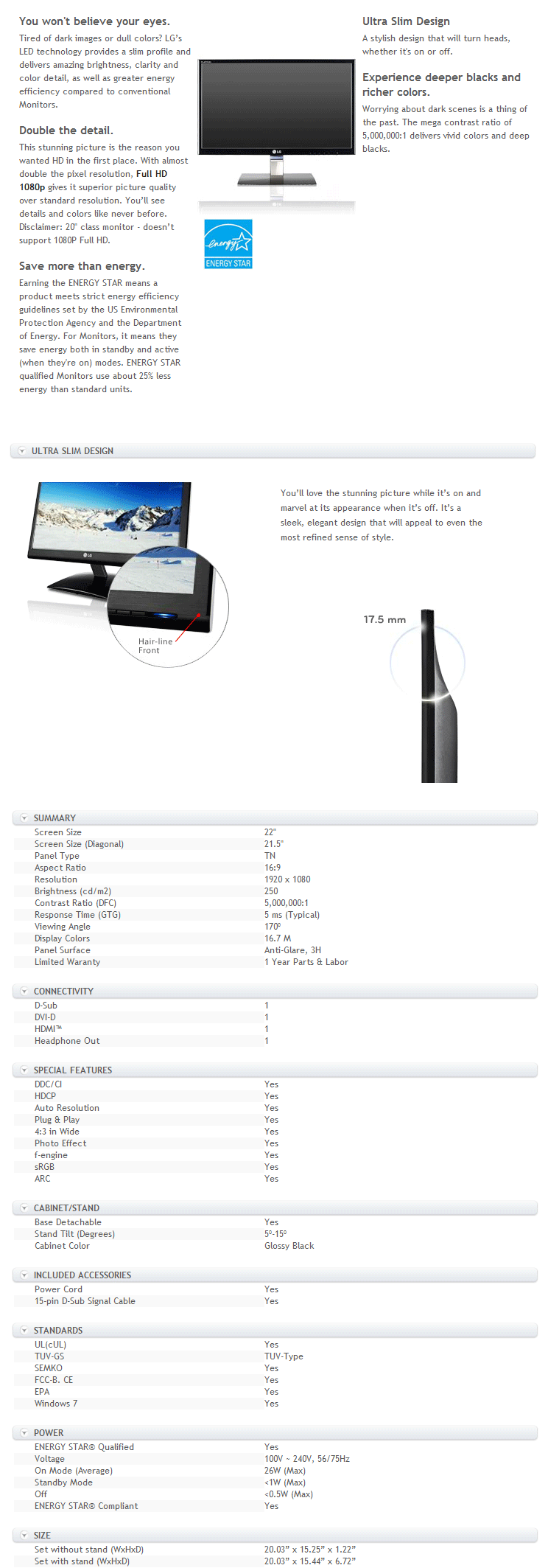 Buy LG E2260V-PN 21.5inch LED Widescreen Monitor [LG-E2260V-PN] | PC ...