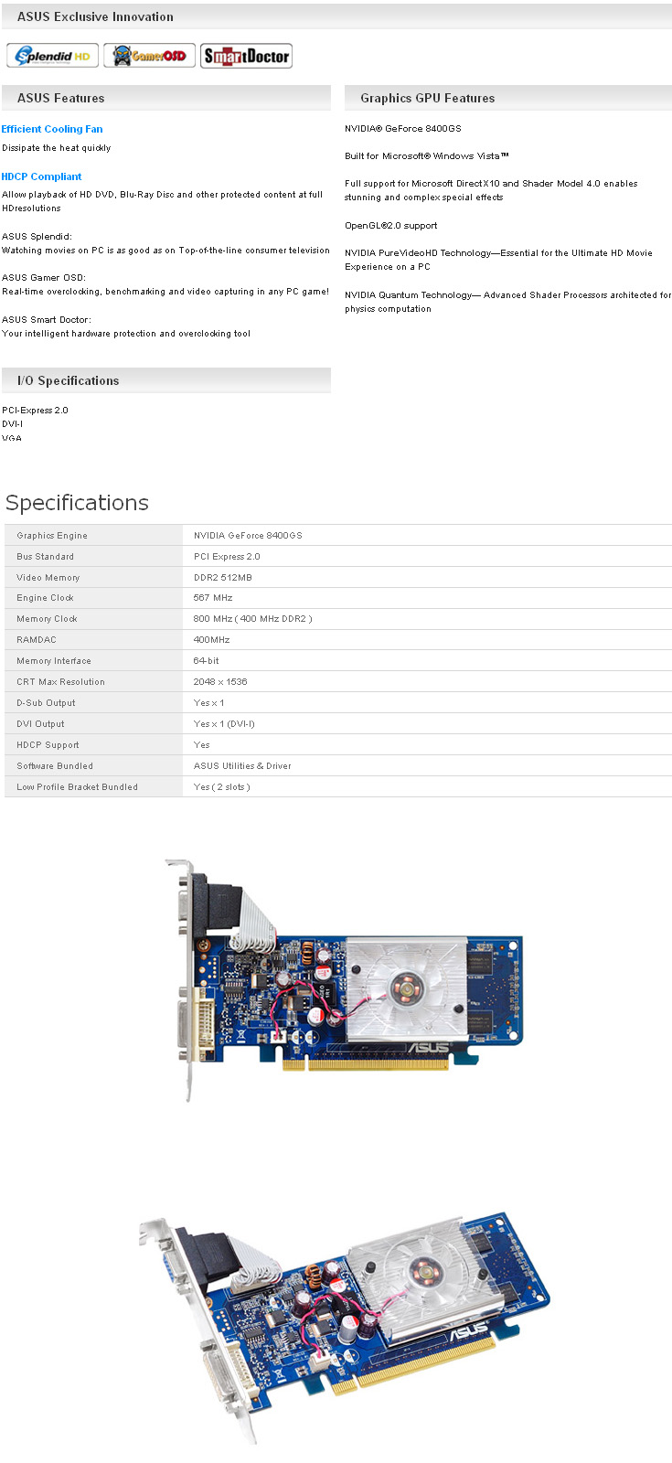 Buy ASUS Geforce 8400GS EN8400GS-P-512M Low Profile [EN8400GS-P-512M ...