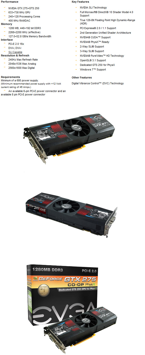 Buy EVGA Geforce GTX 275 CO-OP PhysX Edition [11E-GTX275PHYSX] | PC ...