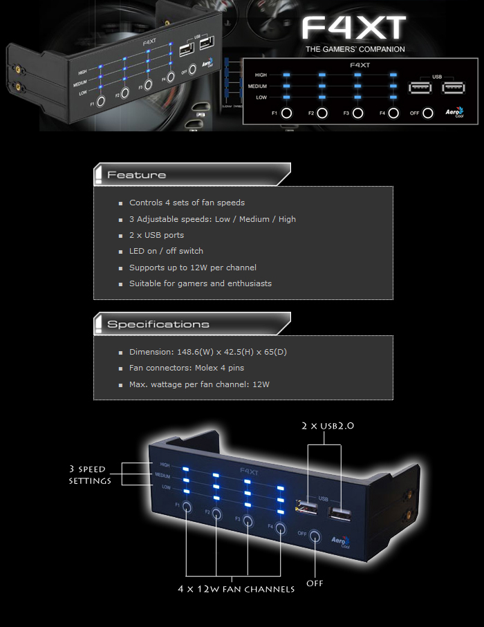 Buy Aerocool F4XT 4 Channel Fan Controller and USB2.0 [EN55390] | PC ...