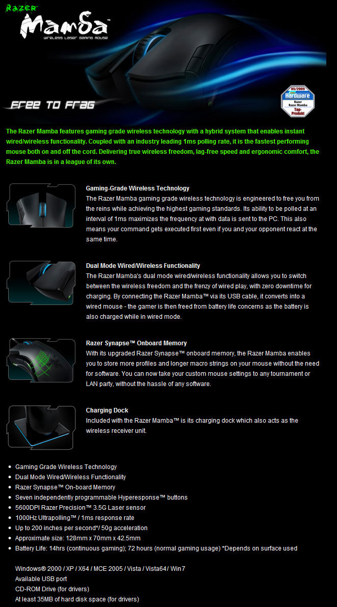 Buy Razer Mamba Hybrid Laser Gaming Mouse [RZ-MAMBA] | PC Case Gear ...