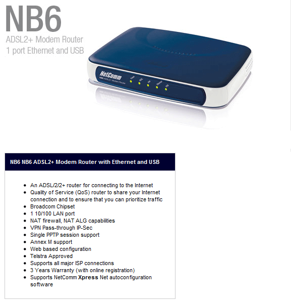 Buy Netcomm NB6 ADSL2+ Modem Router [NB6] | PC Case Gear Australia