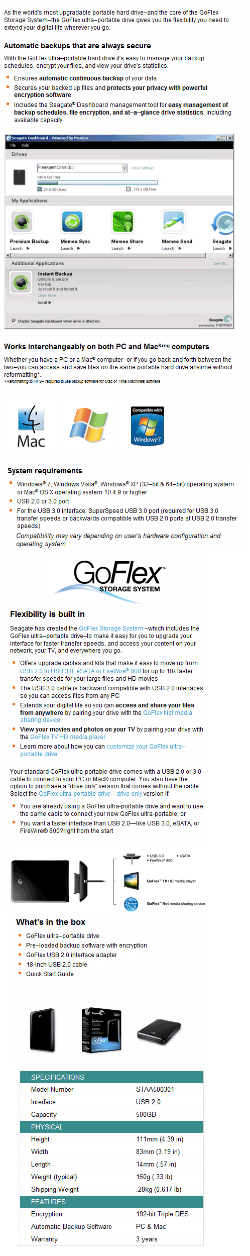 Buy Seagate FreeAgent GoFlex 500GB [STAA500301] | PC Case Gear Australia