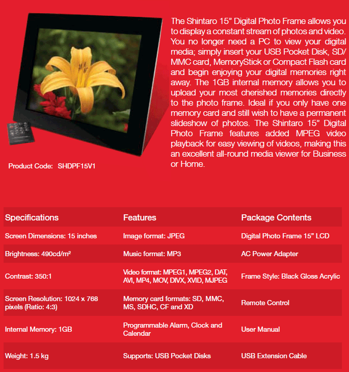 Buy Shintaro 15in Digital Photo Frame [14SHDPF15V1] | PC Case Gear ...