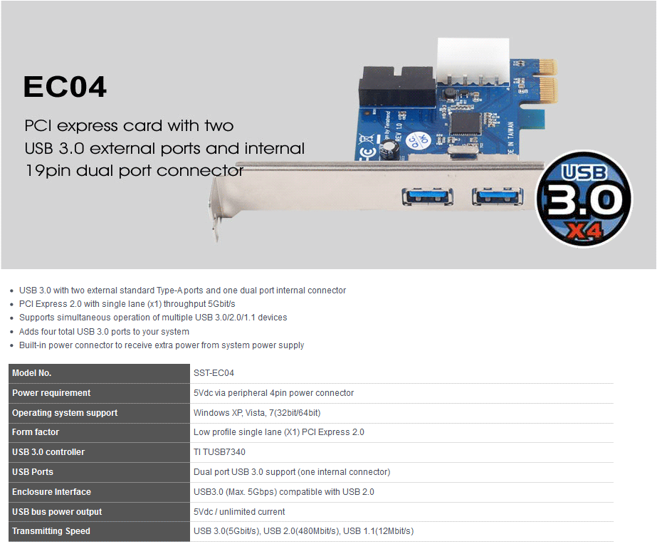 Buy SilverStone EC04 USB 3.0 PCI Express Card [SST-EC04] | PC Case Gear ...