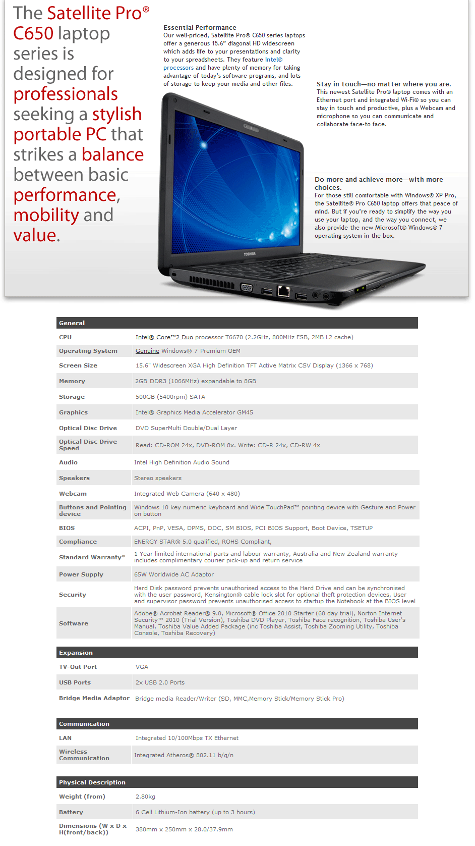 Buy Toshiba Satellite Pro C650 15.6Inch Notebook [TOS-PSC09A] | PC Case ...